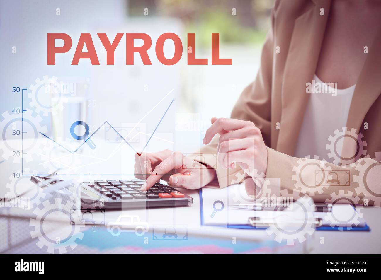Payroll. Woman using calculator at table, closeup. Illustrations of ...
