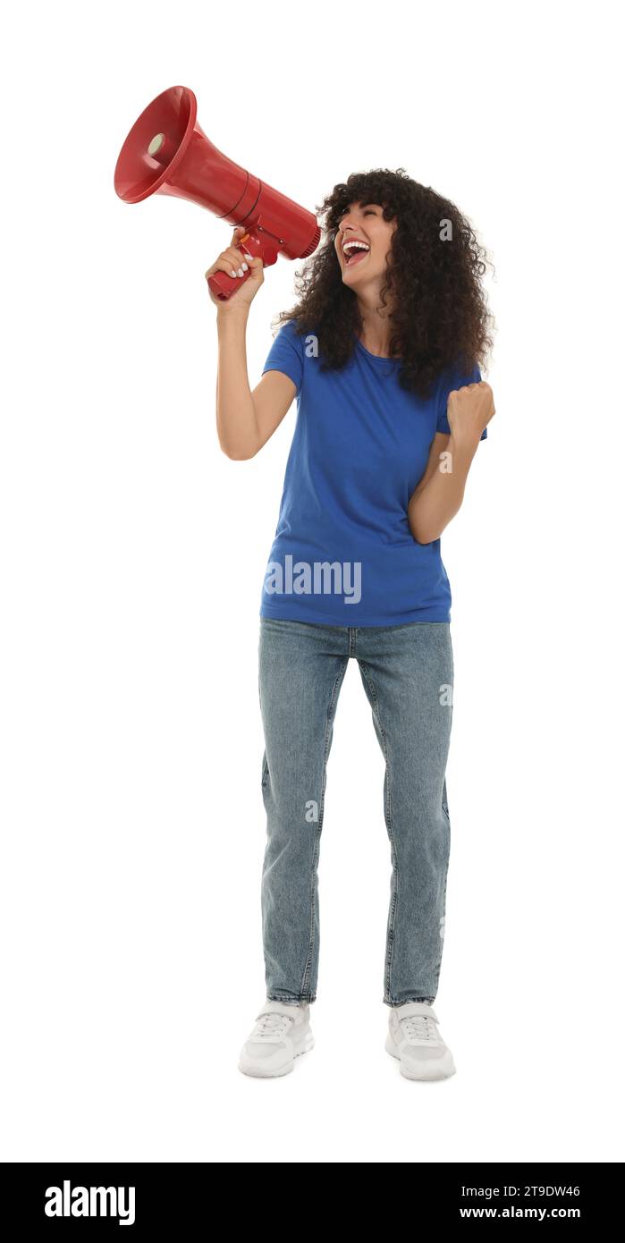 Happy sports fan using megaphone isolated on white Stock Photo - Alamy