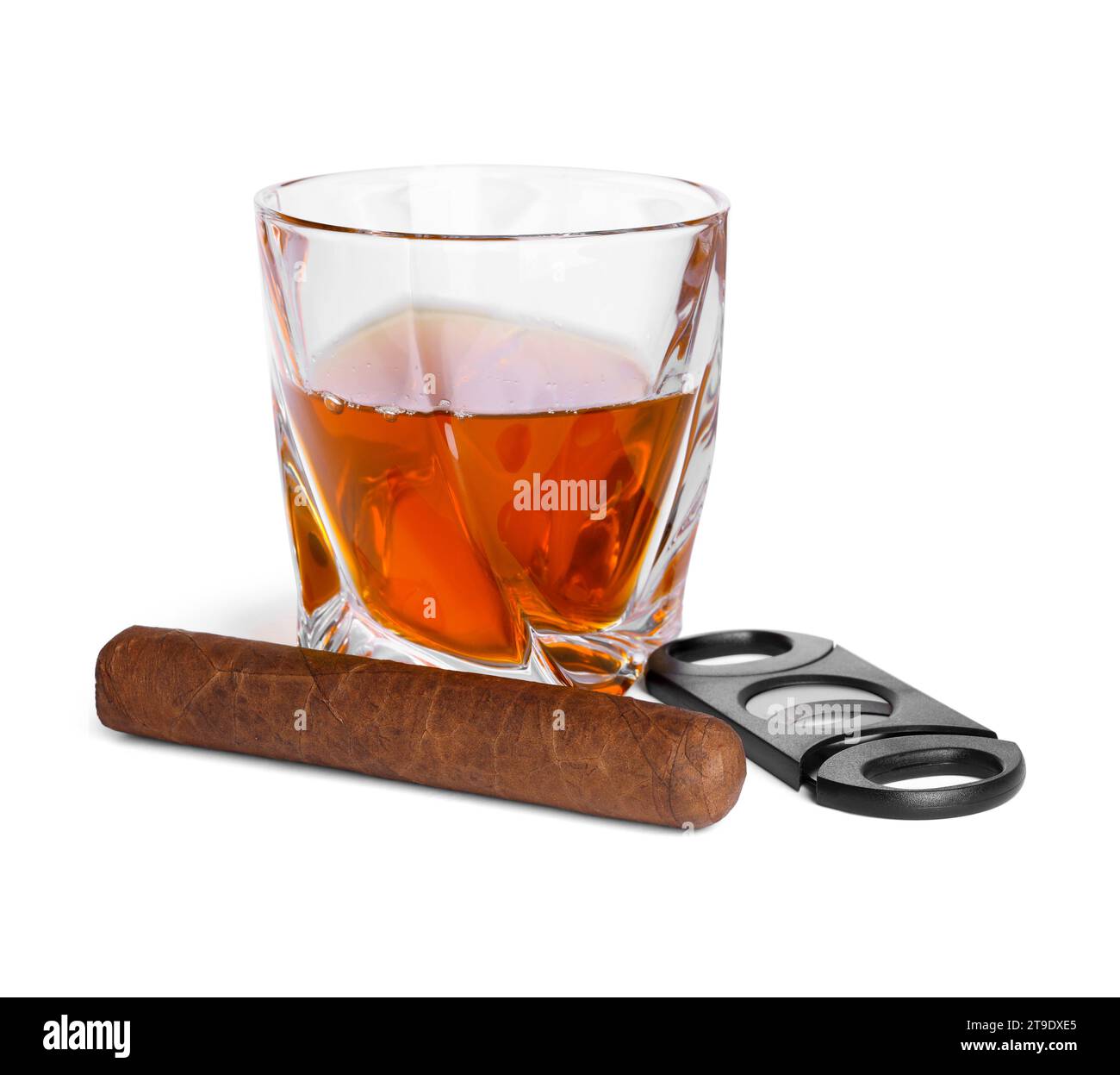 Glass of whiskey, cigar and cutter isolated on white Stock Photo - Alamy