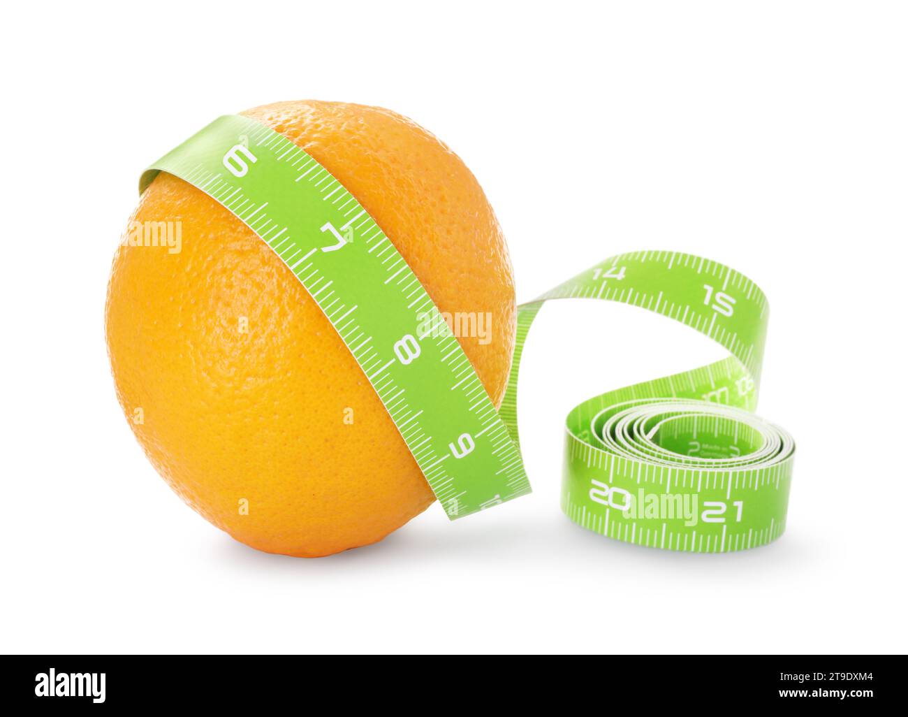 Cellulite problem. Orange with measuring tape isolated on white Stock ...