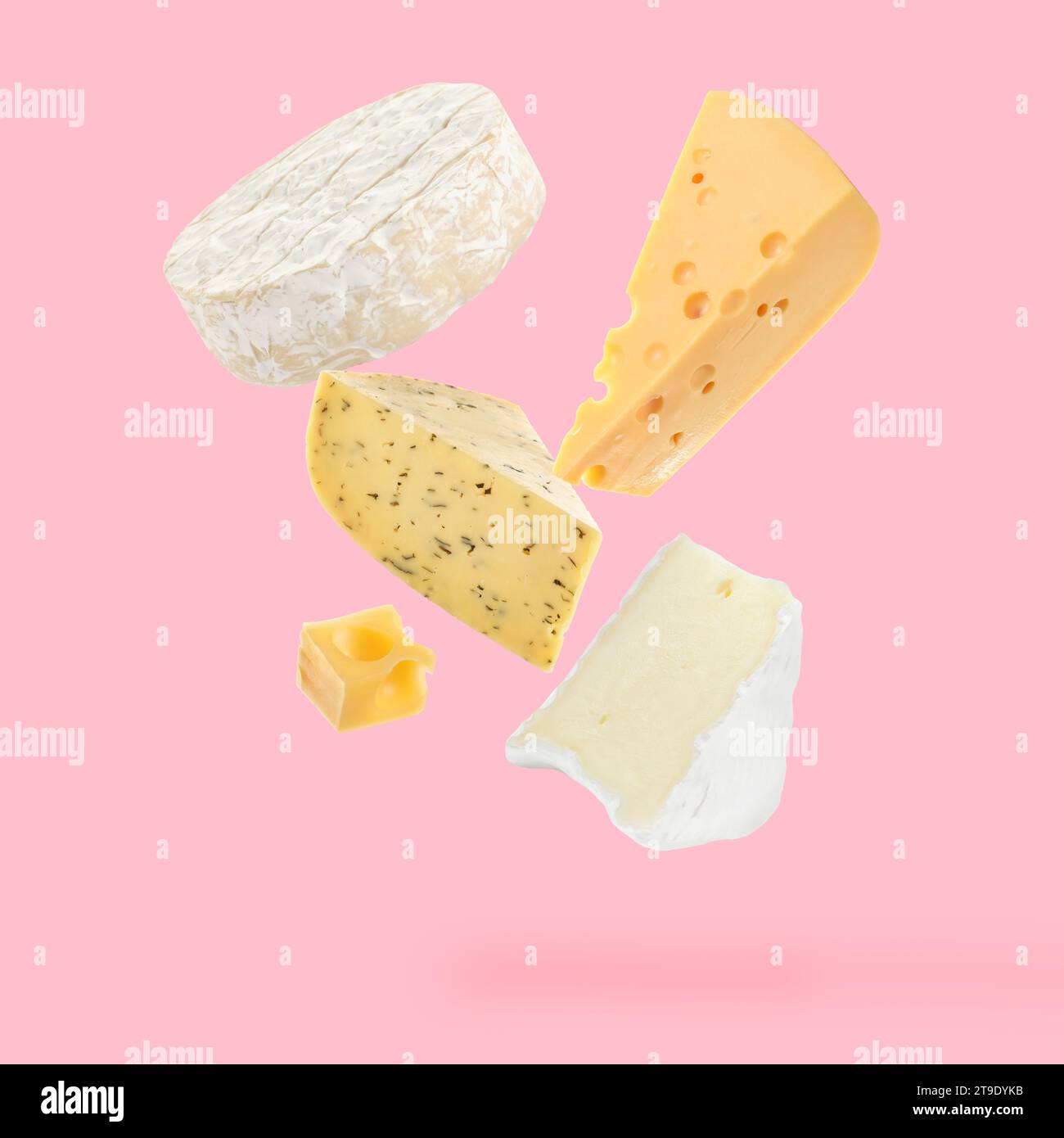 Different kinds of cheese falling on pink background Stock Photo - Alamy
