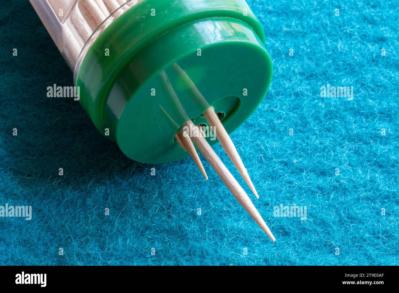Close-up of wooden toothpicks in a plastic dispenser, United States ...