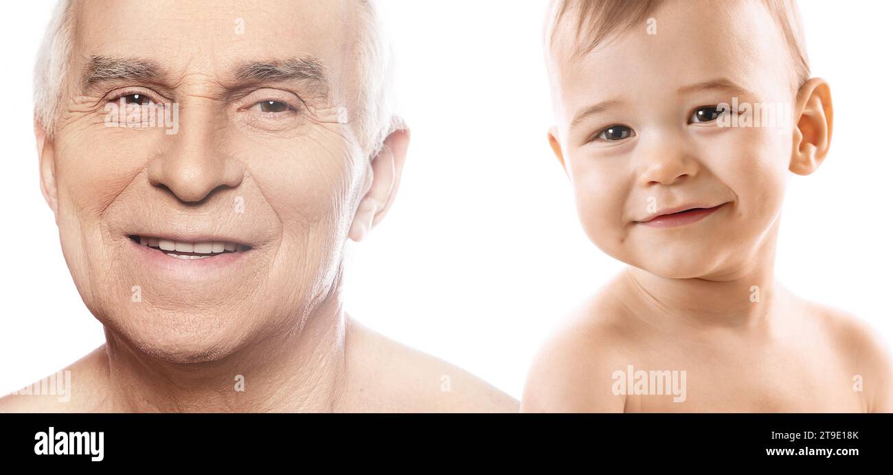 Portrait of elderly man and baby boy. Concept of rebirth and cycle of ...