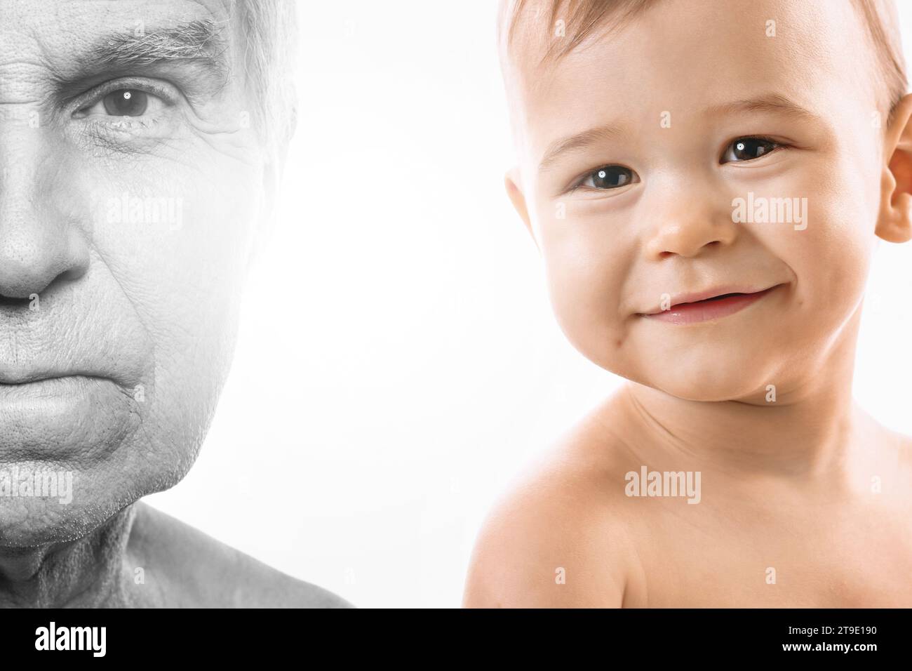 Portrait of elderly man and baby boy. Concept of rebirth and cycle of ...