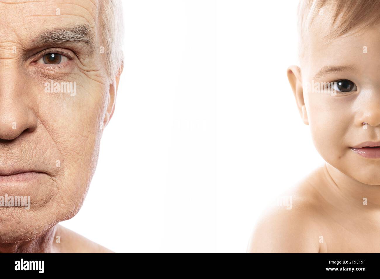 Portrait of elderly man and baby boy. Concept of rebirth and cycle of ...