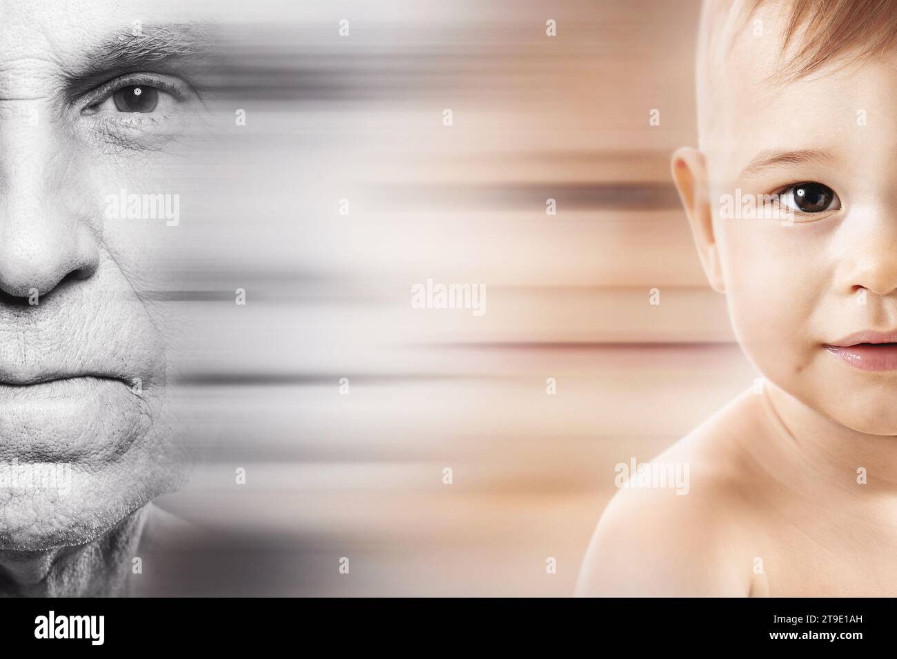 Portrait of elderly man and baby boy. Concept of rebirth and cycle of ...