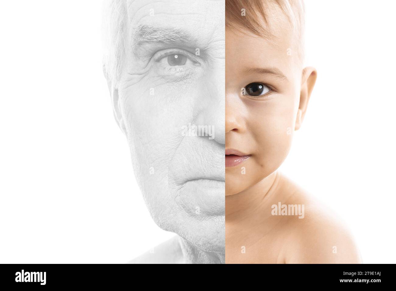 Portrait of elderly man and baby boy. Concept of rebirth and cycle of ...
