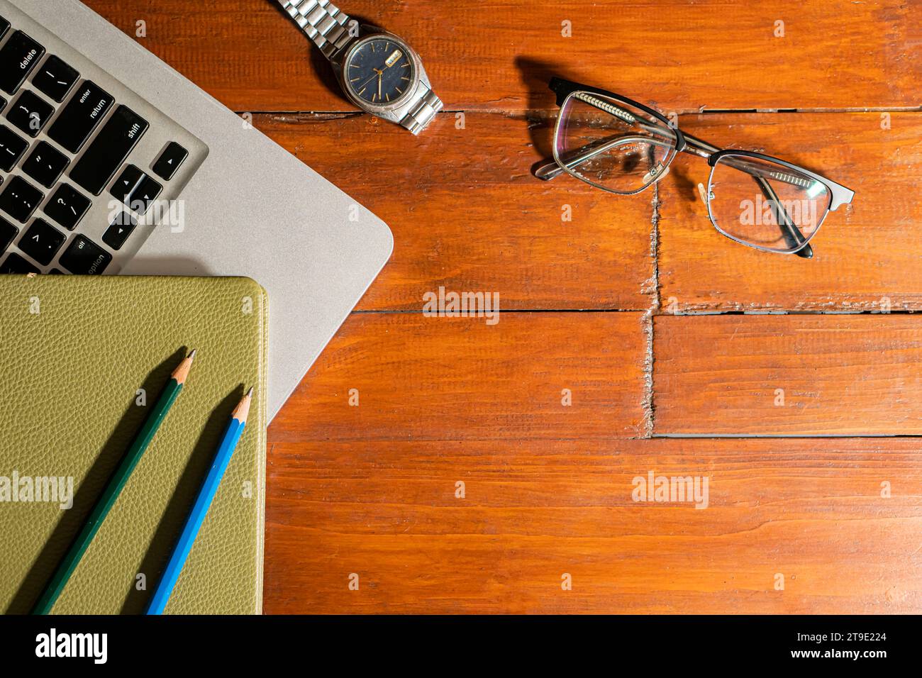 Top view of office table. Wood office desk table with laptop Stock ...