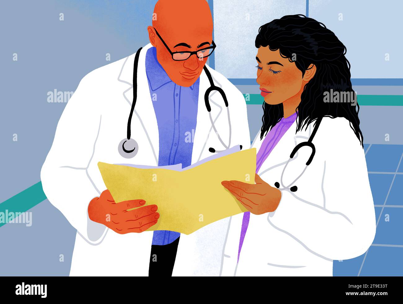 Doctors checking patient record, illustration Stock Photo - Alamy