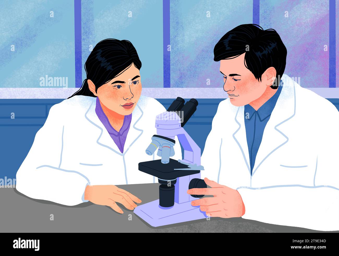 Scientists using light microscope, illustration Stock Photo - Alamy