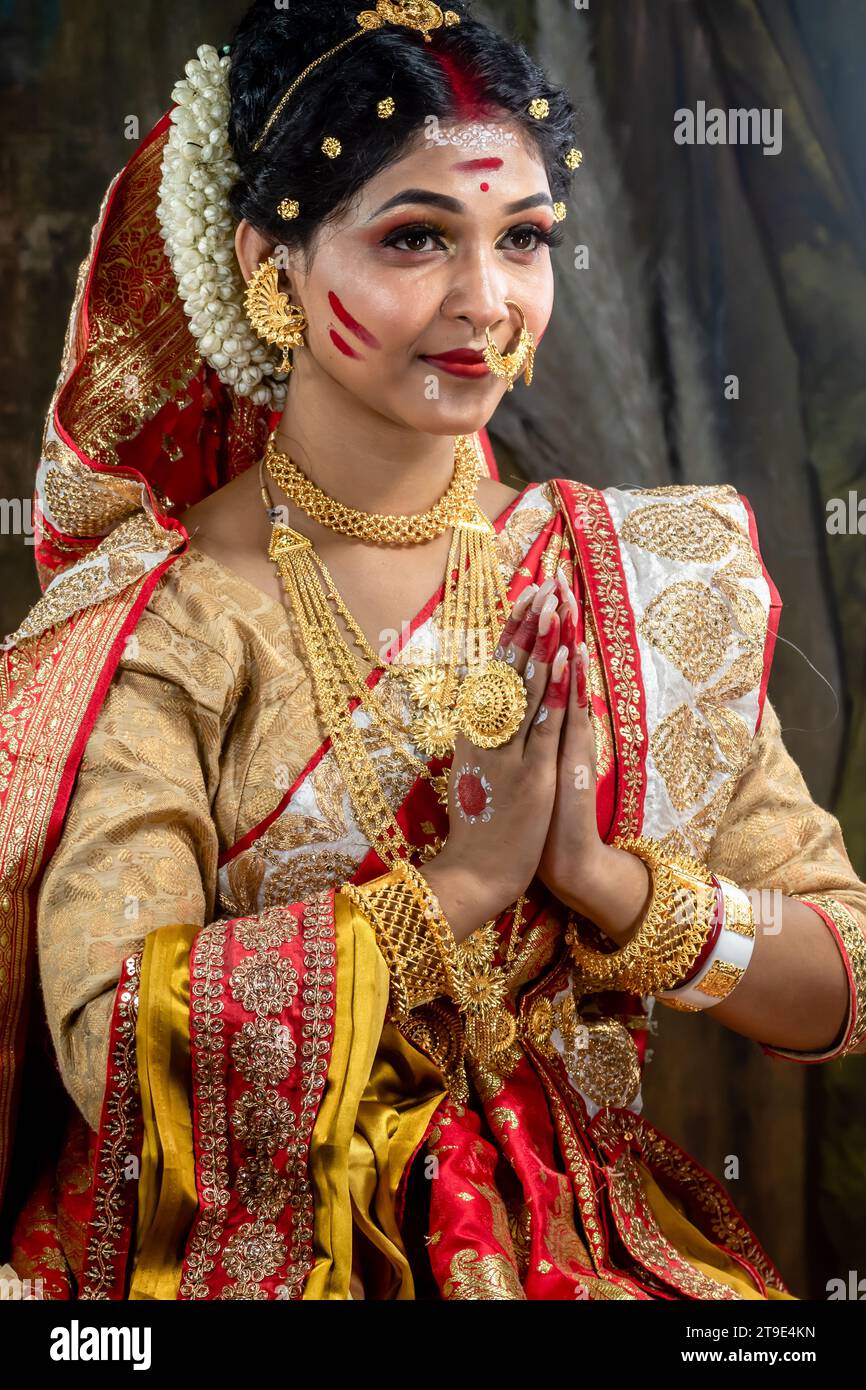 Portrait of beautiful Indian girl of Durga Idol Agomoni Concept Indoor ...