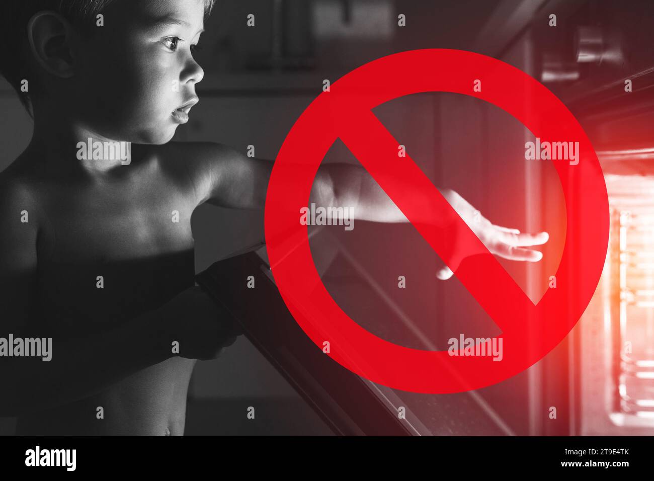 Baby boy and NO symbol near the oven. Concept of safety and possible ...