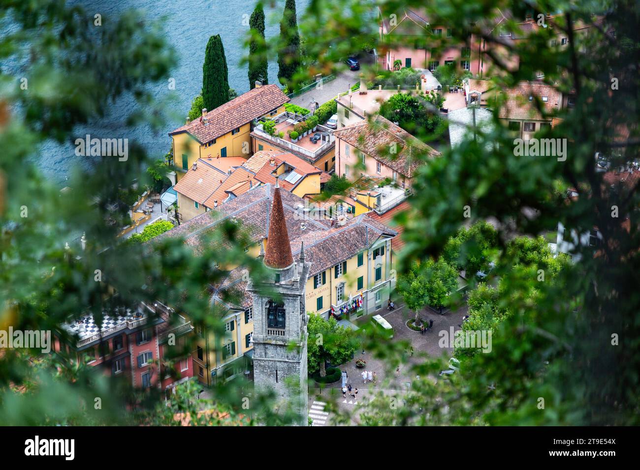 A scenic overhead view of the lakeside Italian town of Varenna and the ...