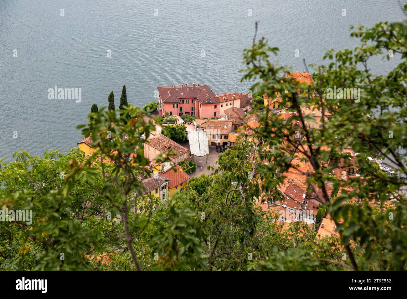 A scenic overhead view of Lake Como and the lakeside Italian town of ...