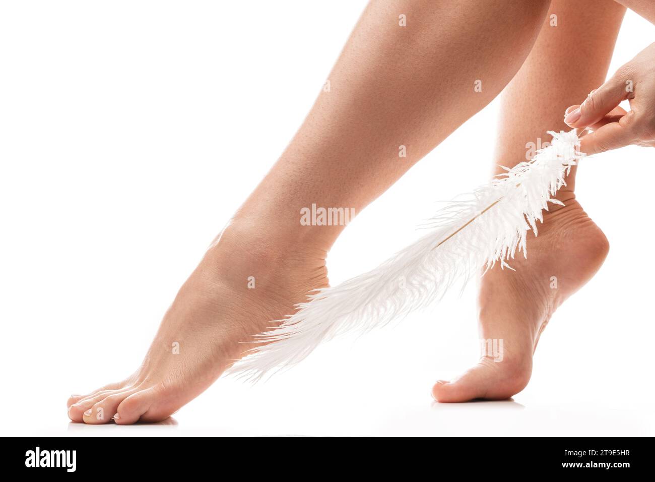 Closeup of female feet with smooth skin and soft ostrich feather on ...