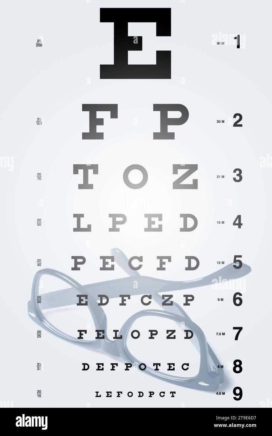 Background with eye chart for visual acuity testing and black rimmed ...