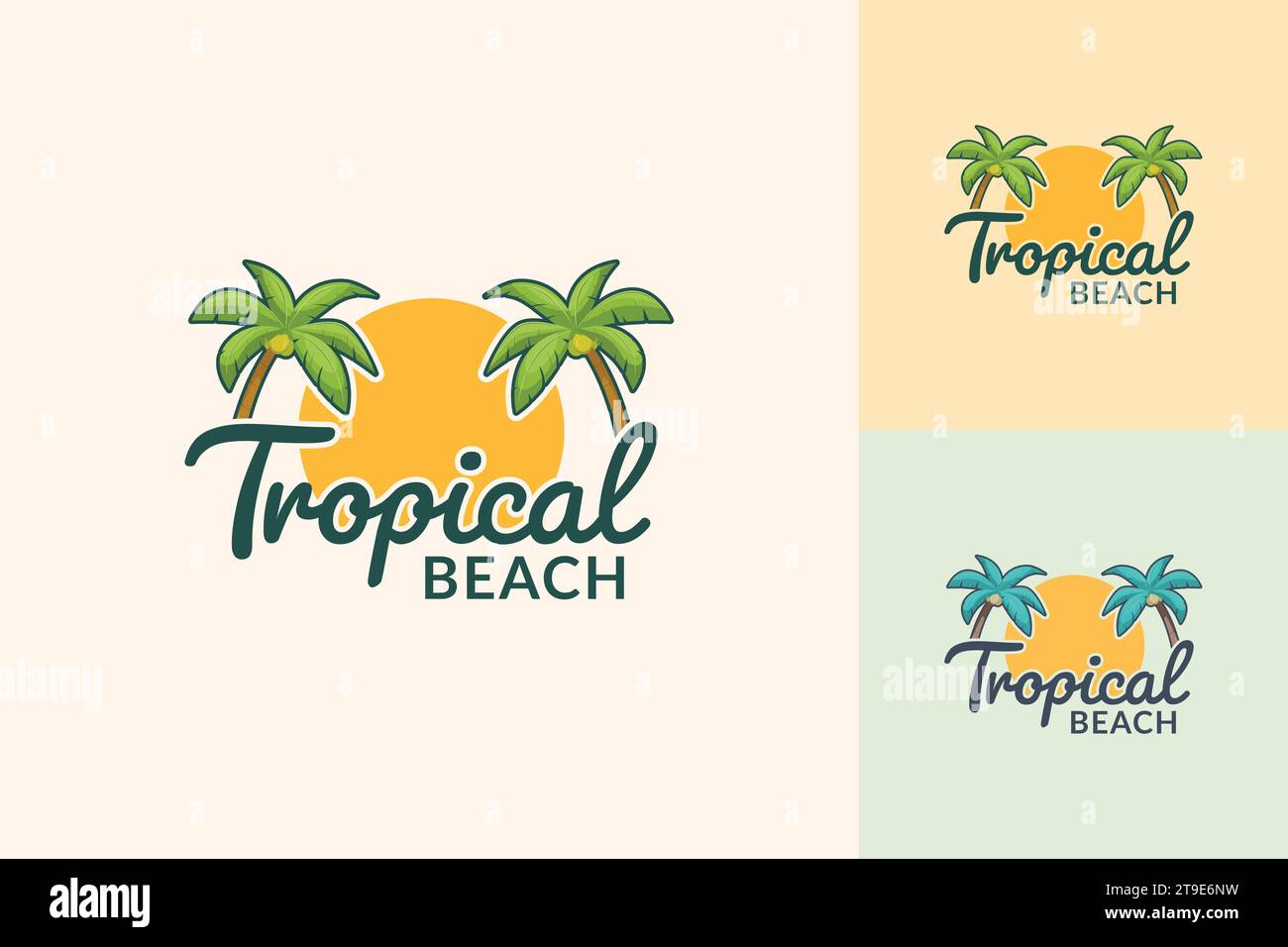Tropical paradise emblem with two palm trees and sunset logo template ...
