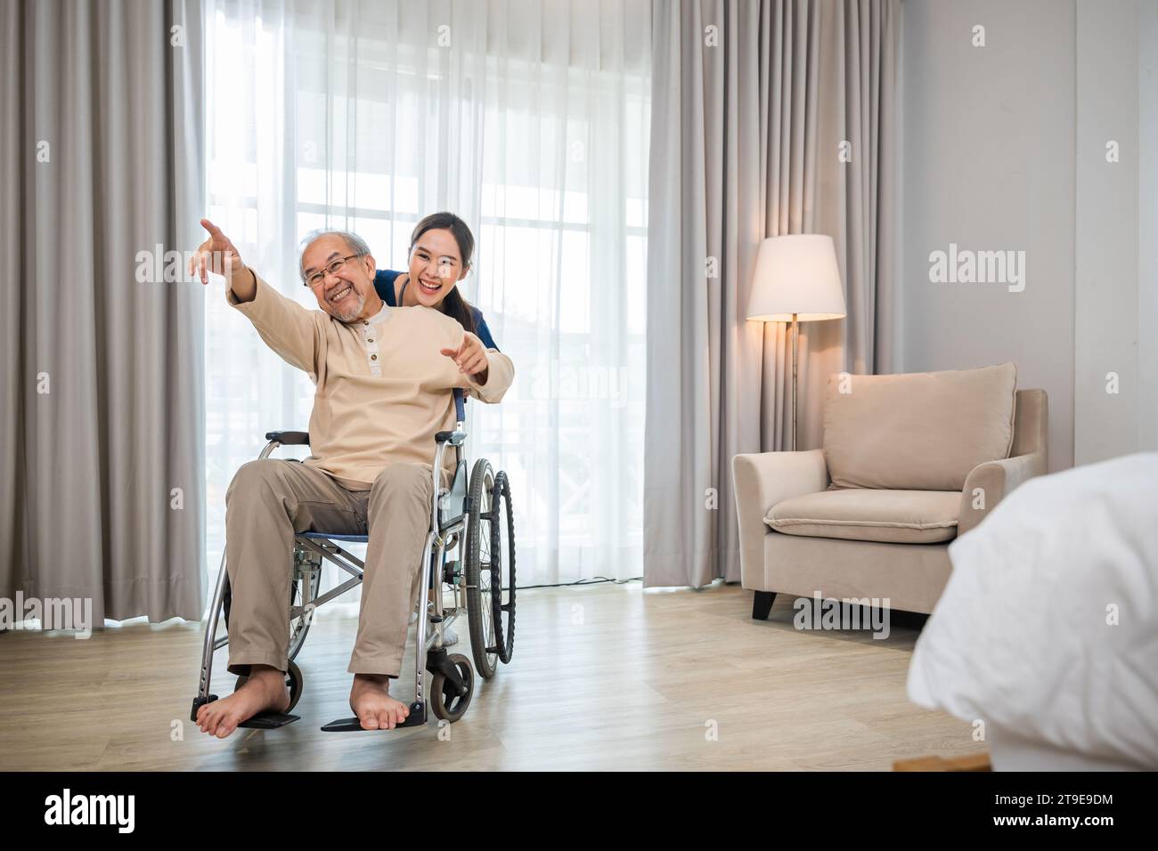 Happy curator person doctor pushing and walk elderly patient freedom ...