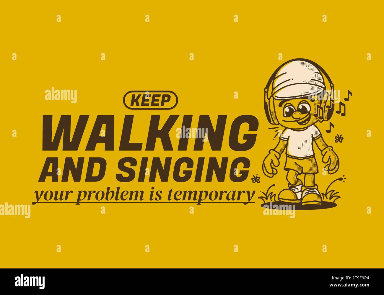 Walking and singing. Vintage retro illustration of a walking boy ...