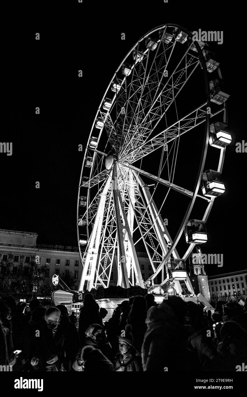 The black and white Ferris wheel during the light festival of 2021 in ...