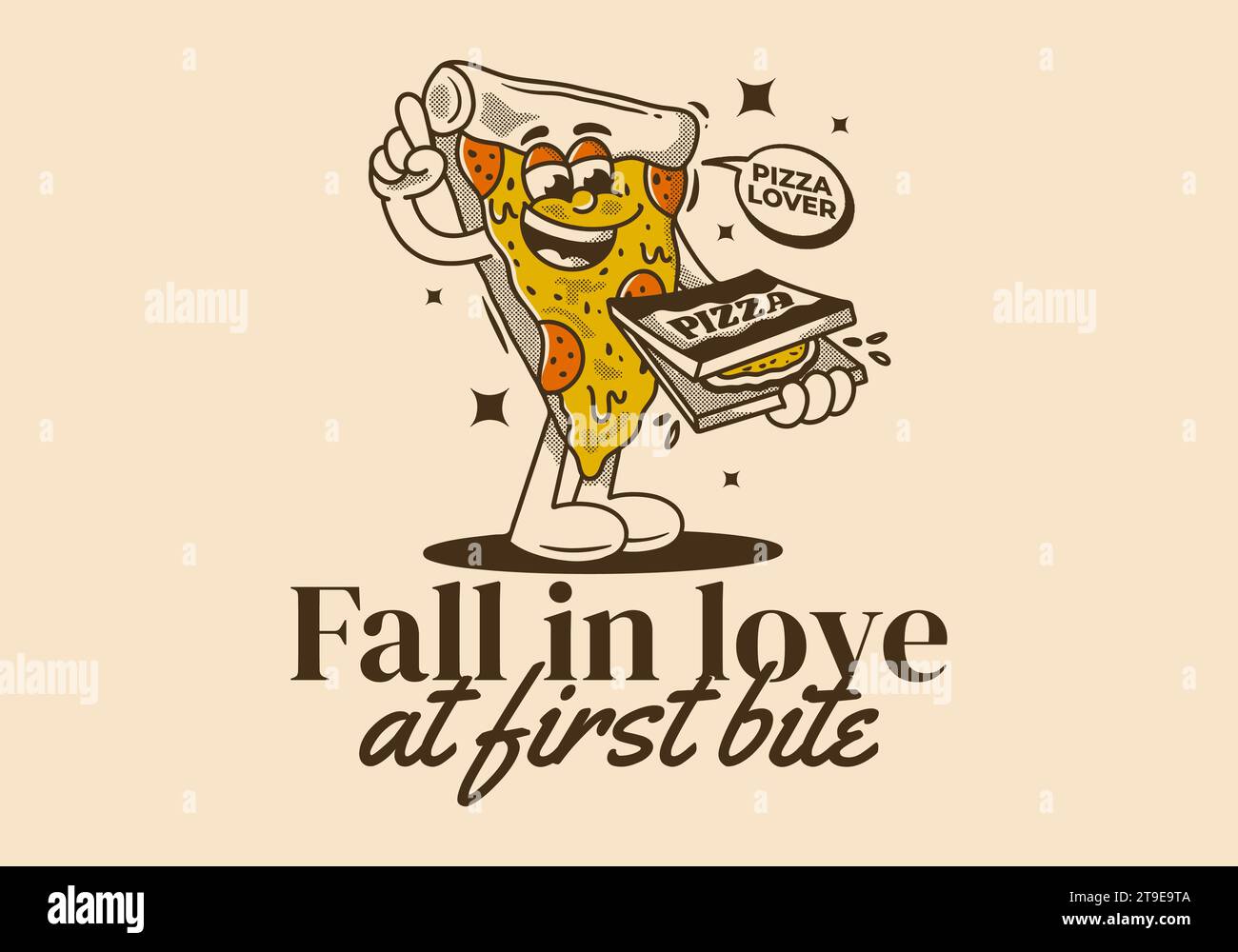 Fall in love at first bite. Mascot character of pizza holding a box ...