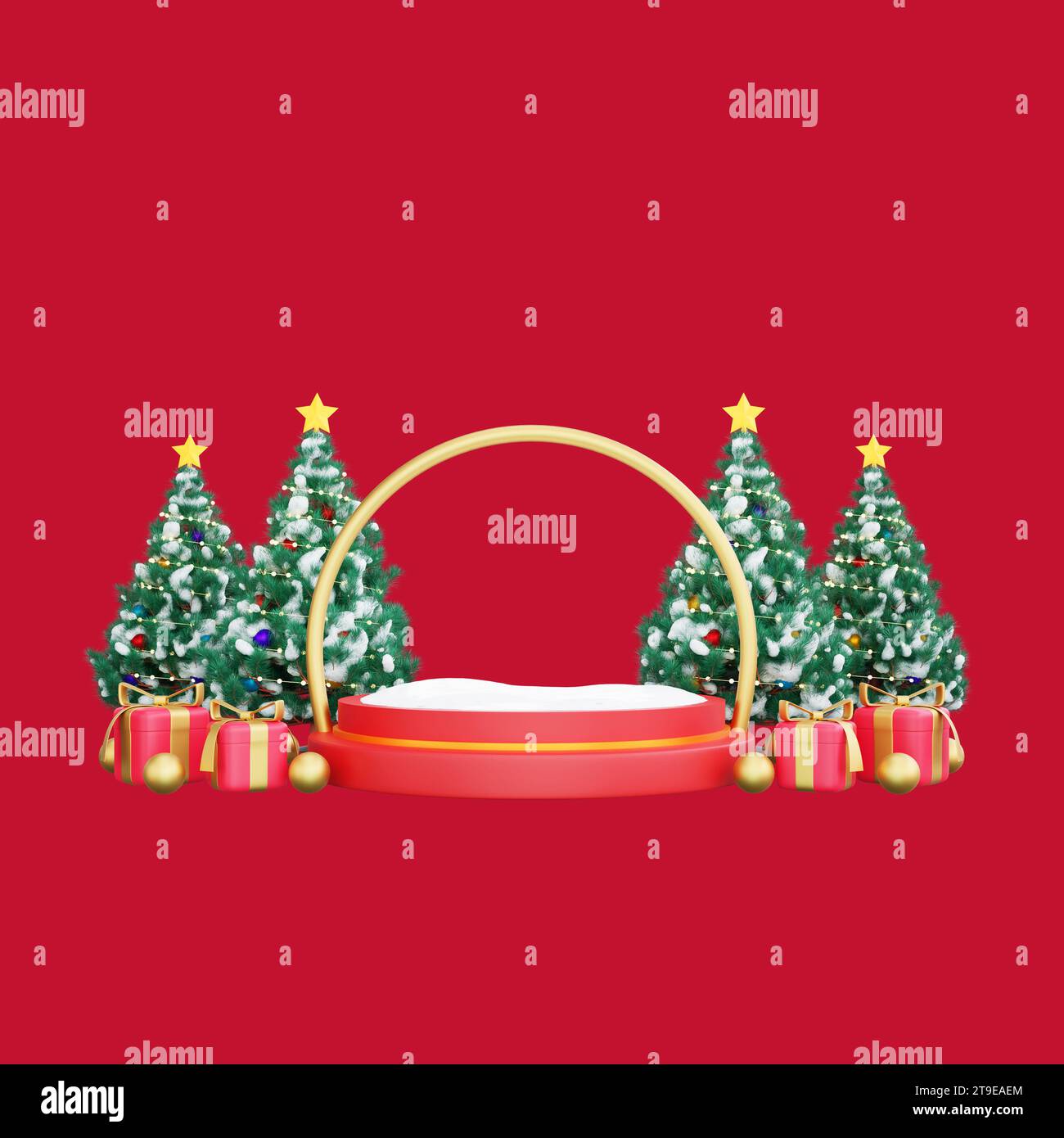 3D illustration of a festive display of Christmas trees adorned with ...