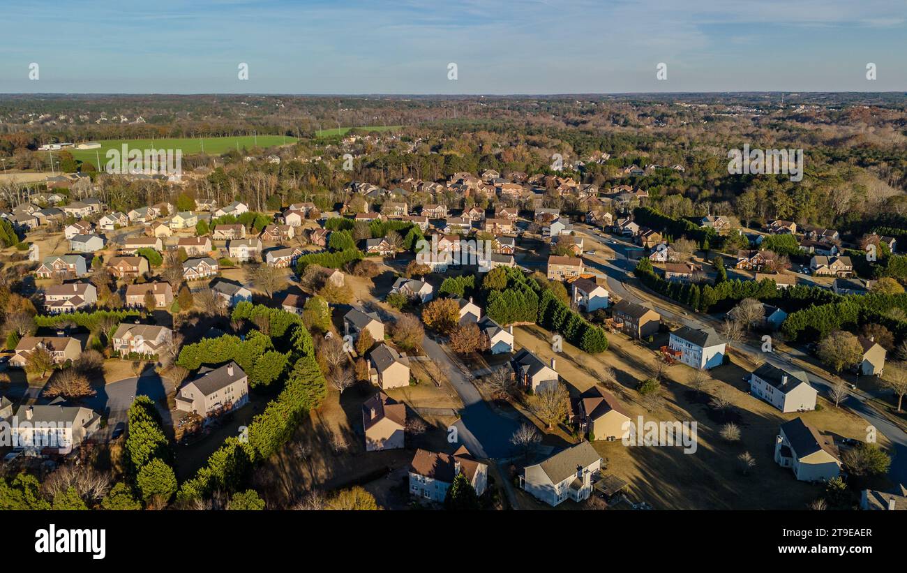 aerial panoramic view of an upscale subdivision in suburbs of Atlanta ...