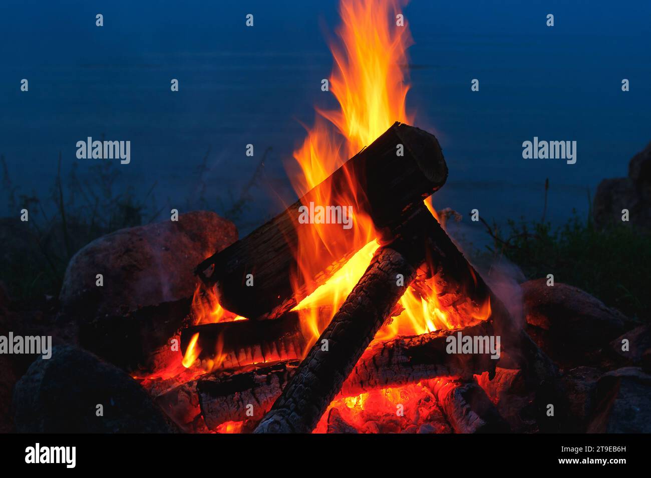 Closeup shot of a campfire brightly burning at night in an outdoors ...