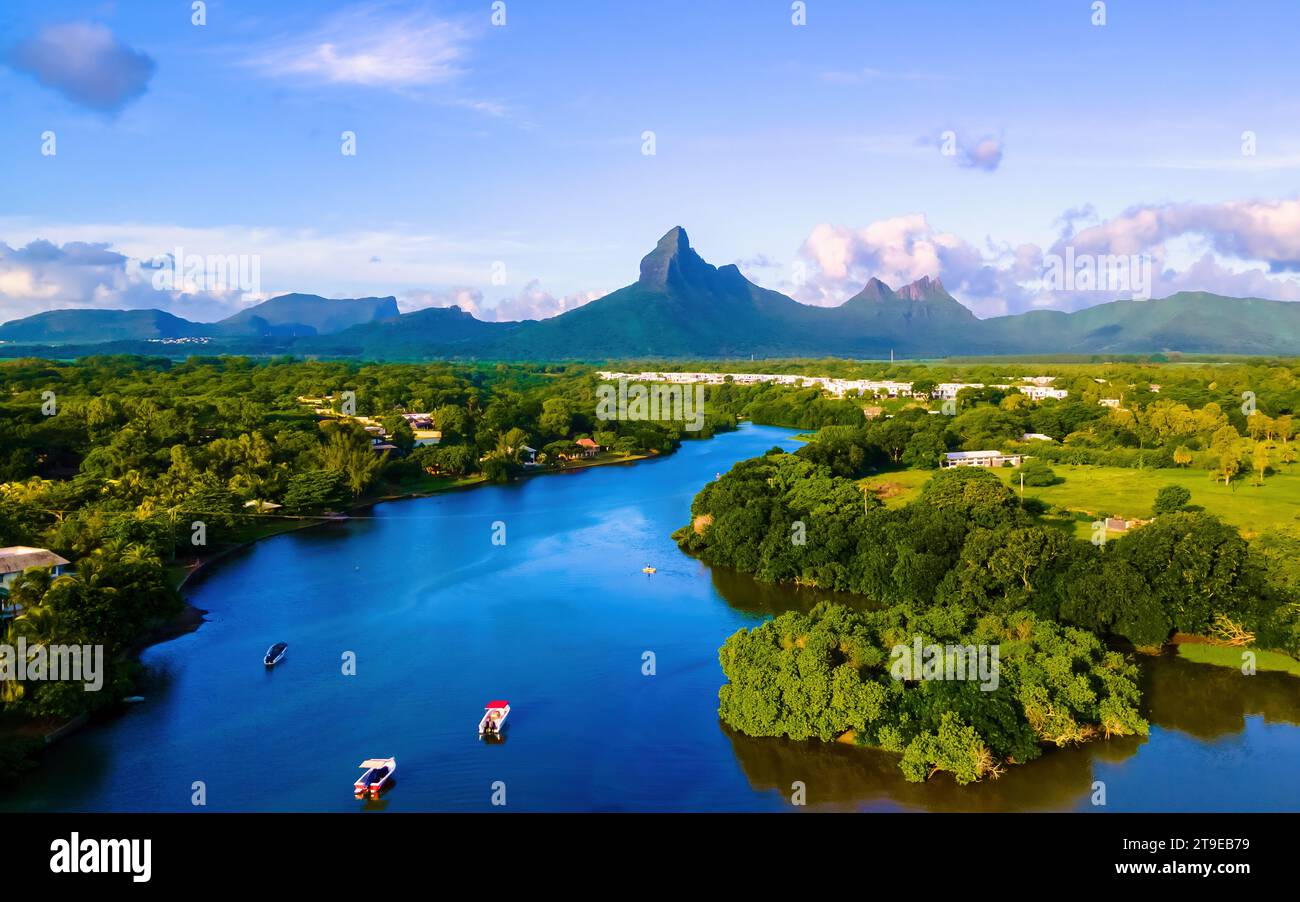 fishing boats resting at Tamarin Bay Mauritius island Indian Ocean ...