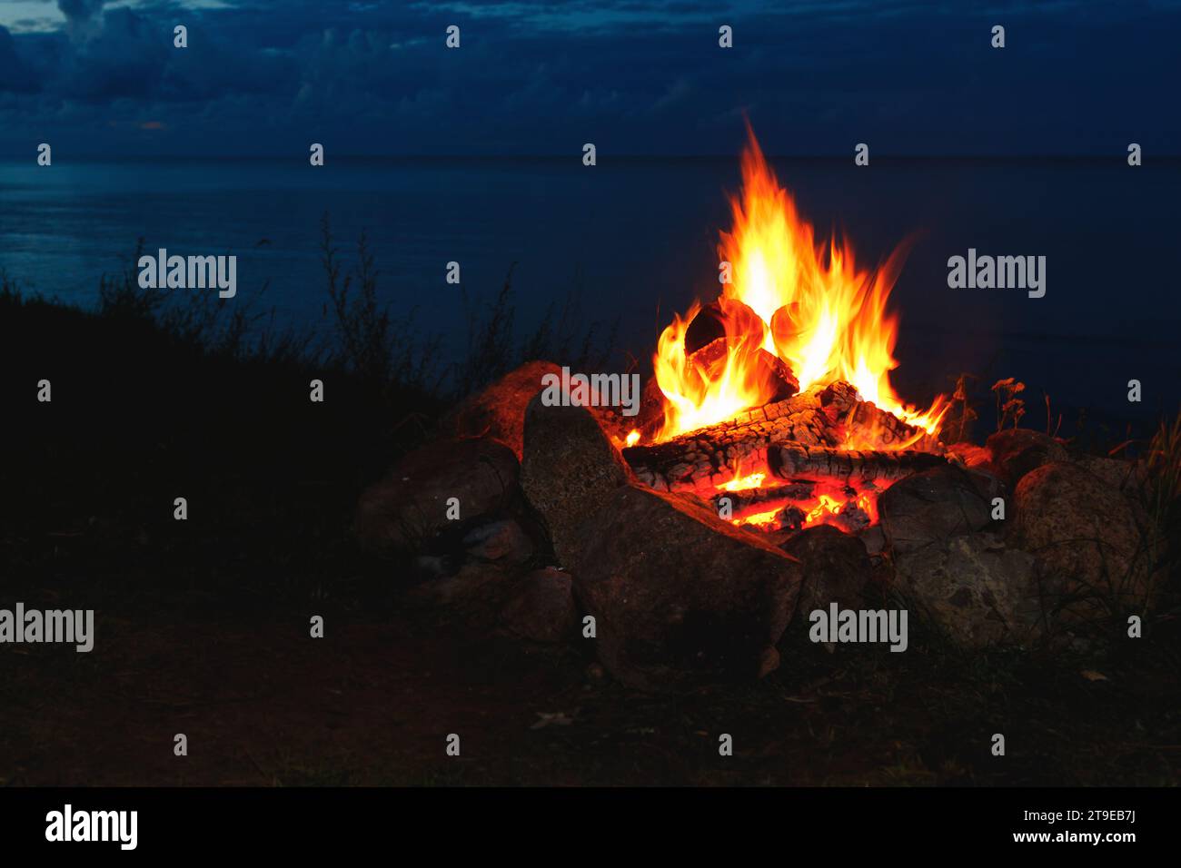 Closeup shot of a campfire brightly burning at night in an outdoors ...