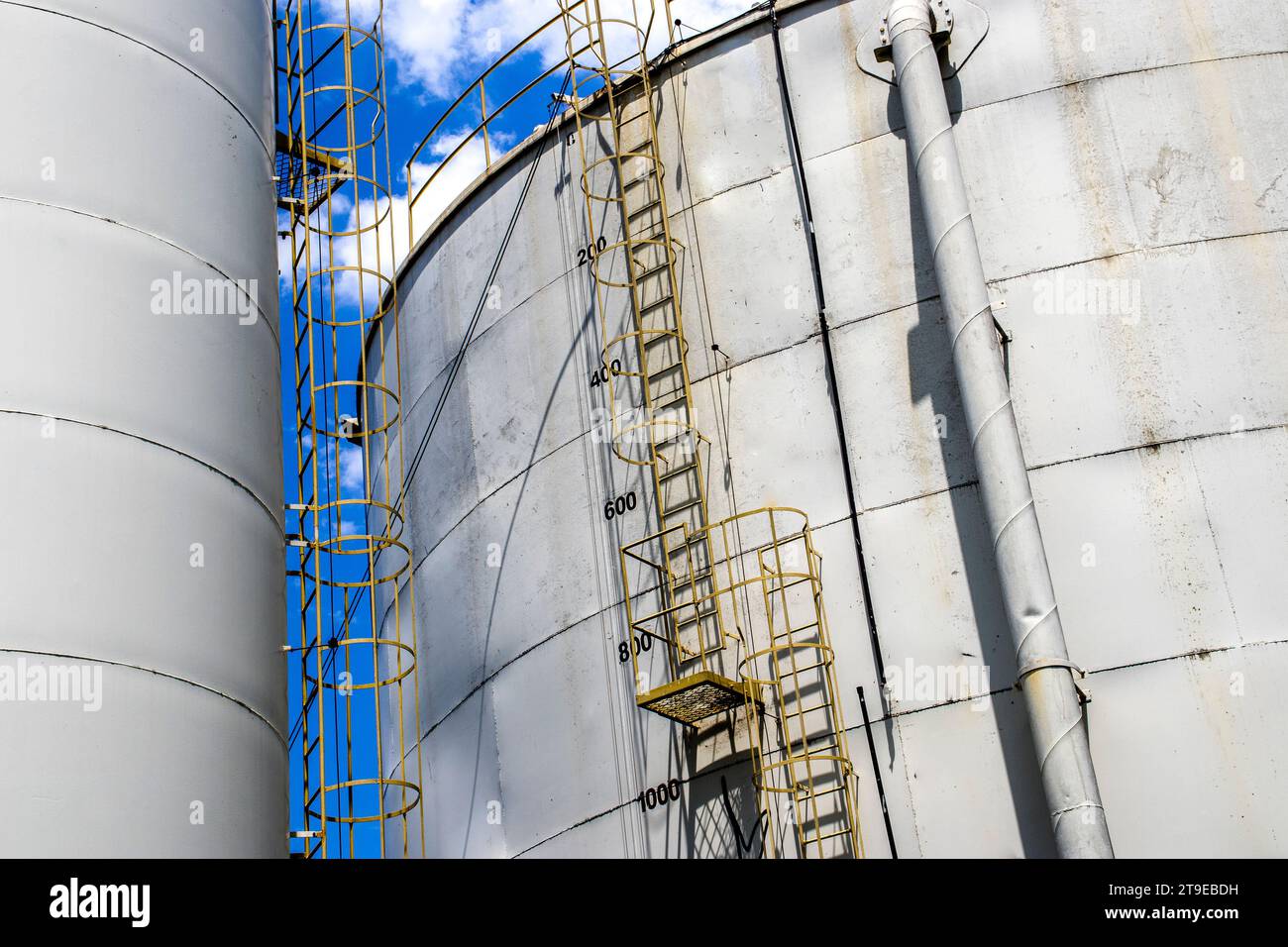 View of the large white water tank reservoirs of the Department of ...