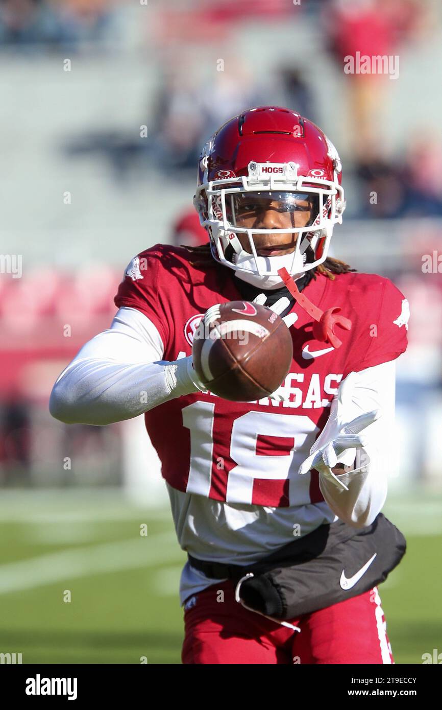 November 24, 2023: Arkansas defensive back TJ Metcalf #18 looks in a ...