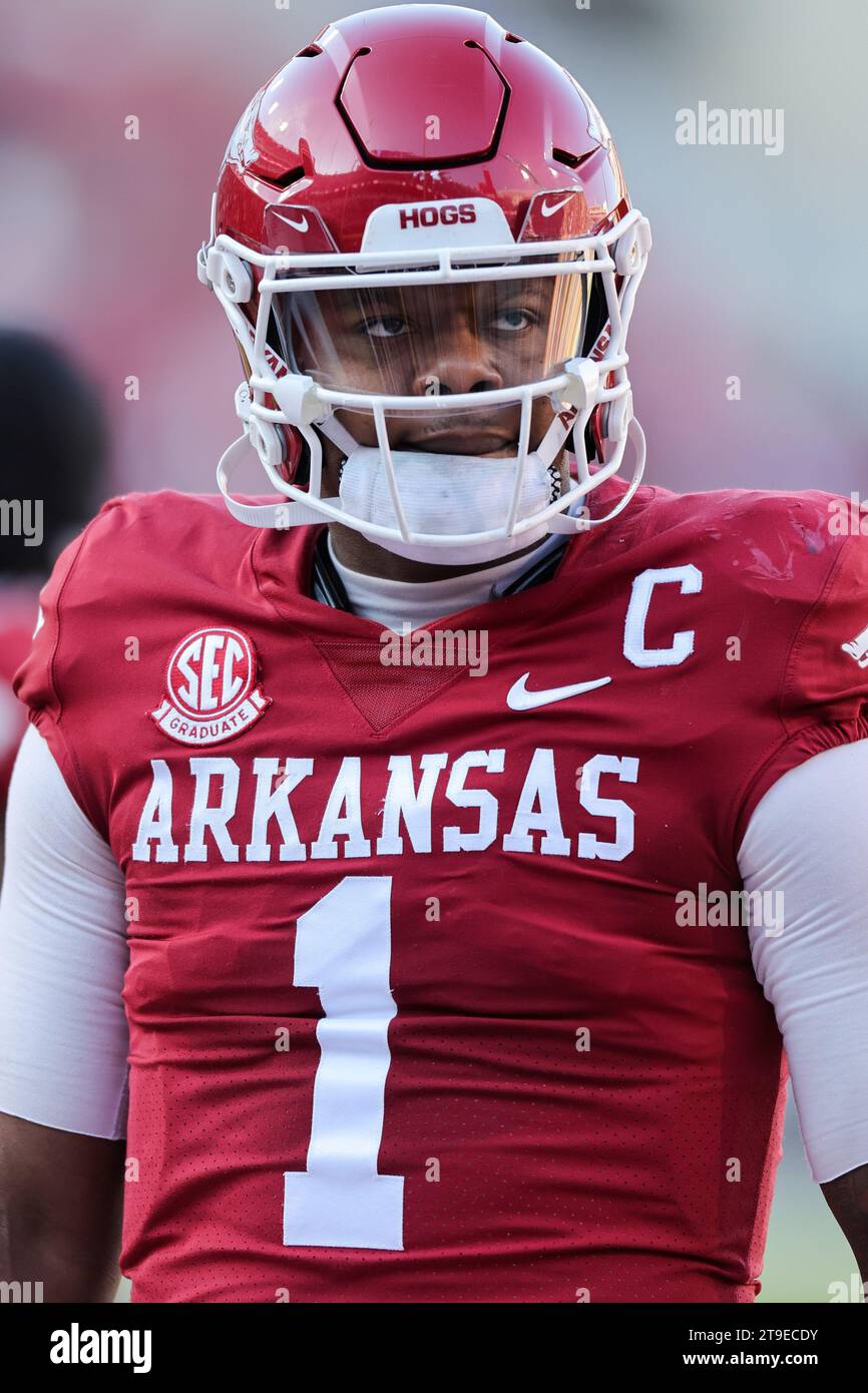 November 24, 2023: Arkansas QB KJ Jefferson #1 looks up into the stands as he comes onto the ...