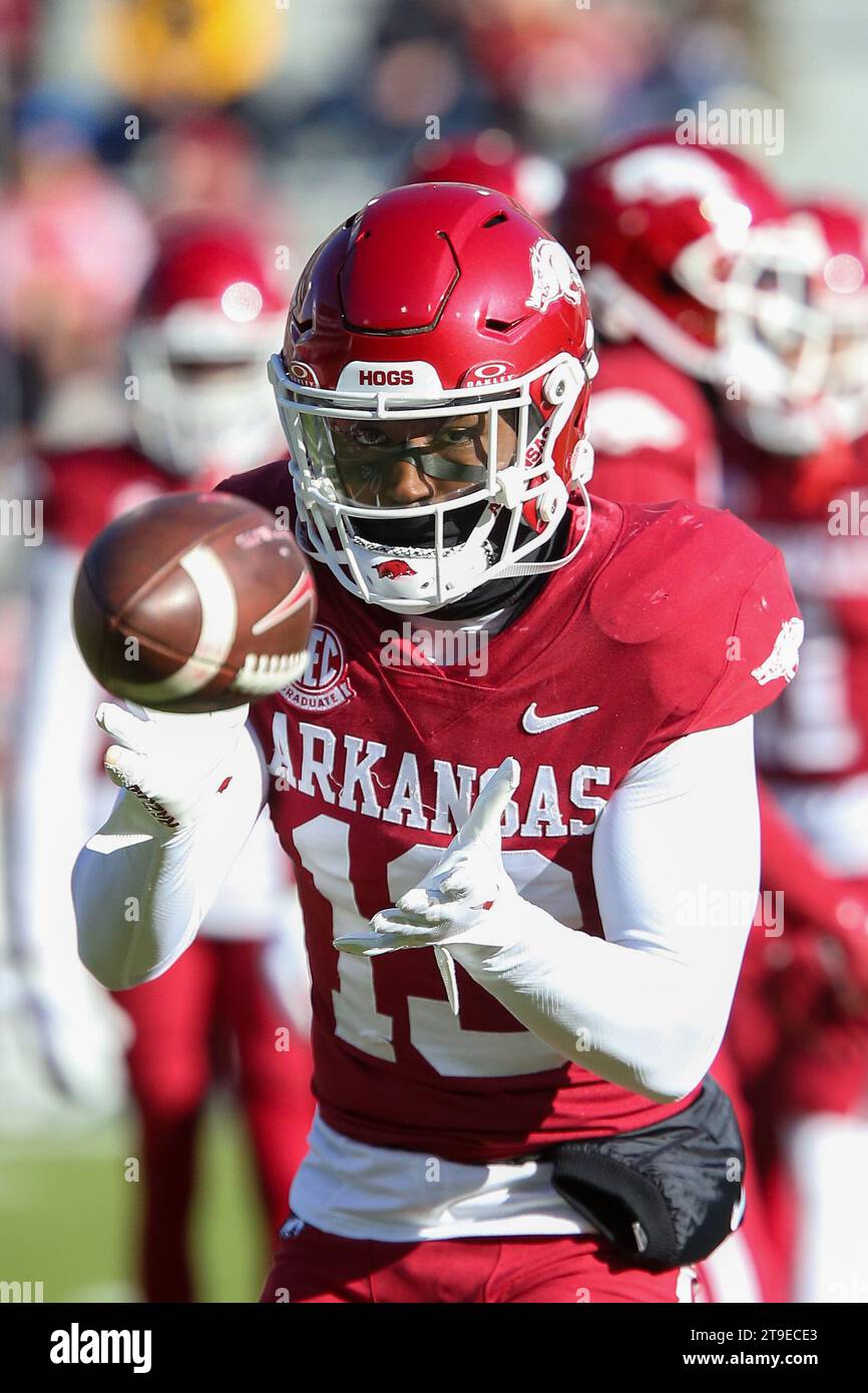 November 24, 2023: Alfahiym Walcott #13 Razorback defensive back eyes a ...