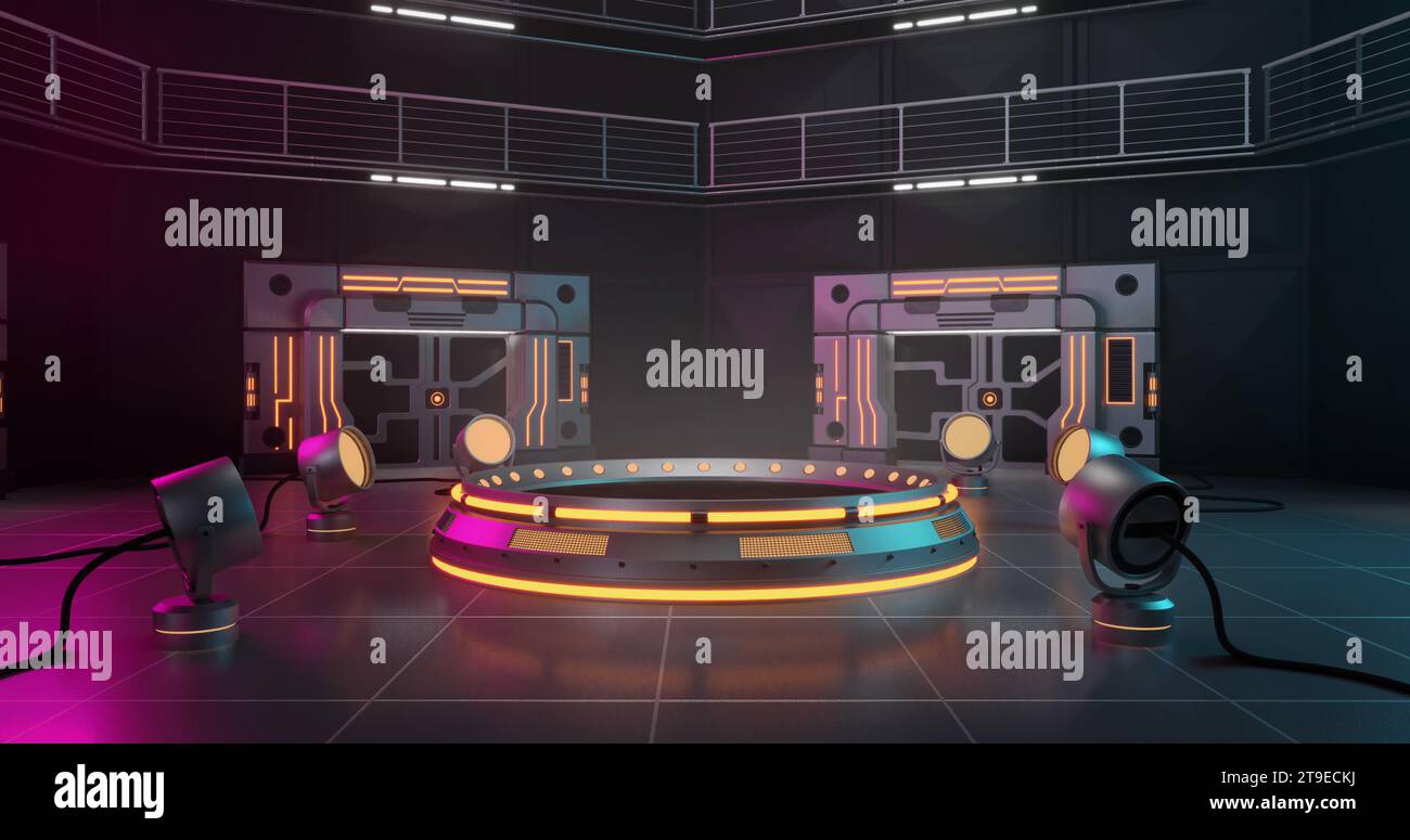 Image of neon gaming features with stage and spot lights on black ...