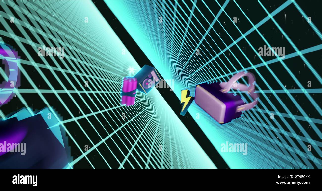 Image of gaming features and equipment with grid on black background ...