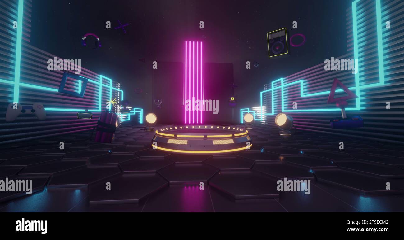 Image of neon gaming features with stage and spot lights on black ...