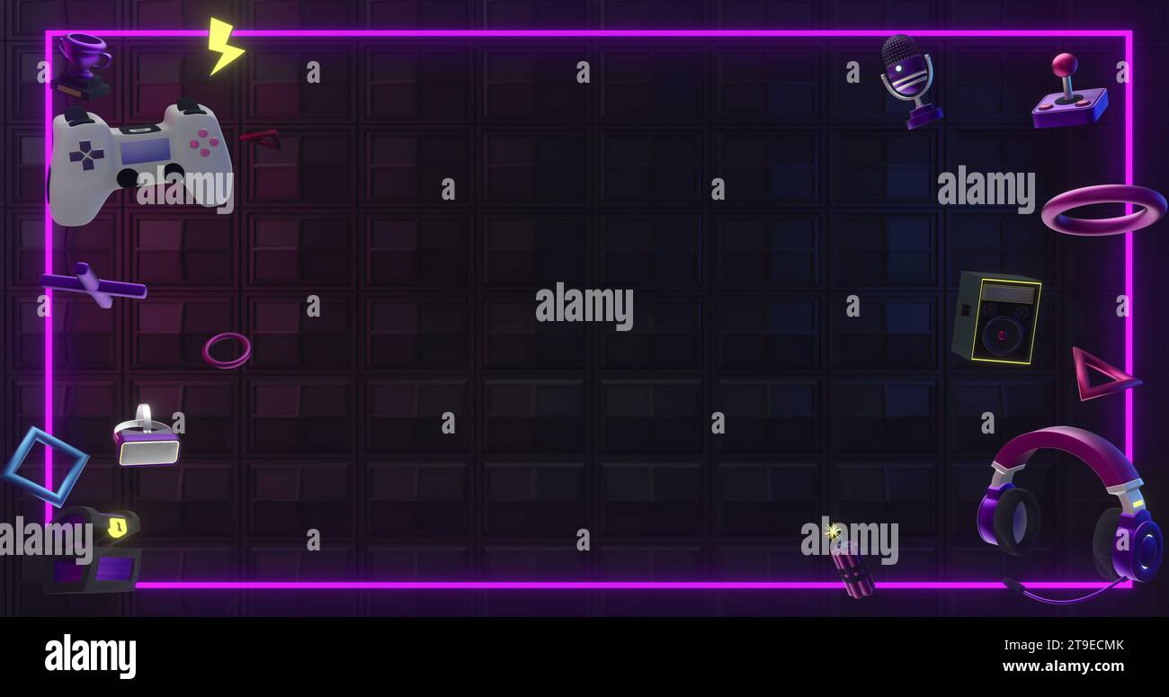 Image of neon frame, gaming features and equipment on black background ...