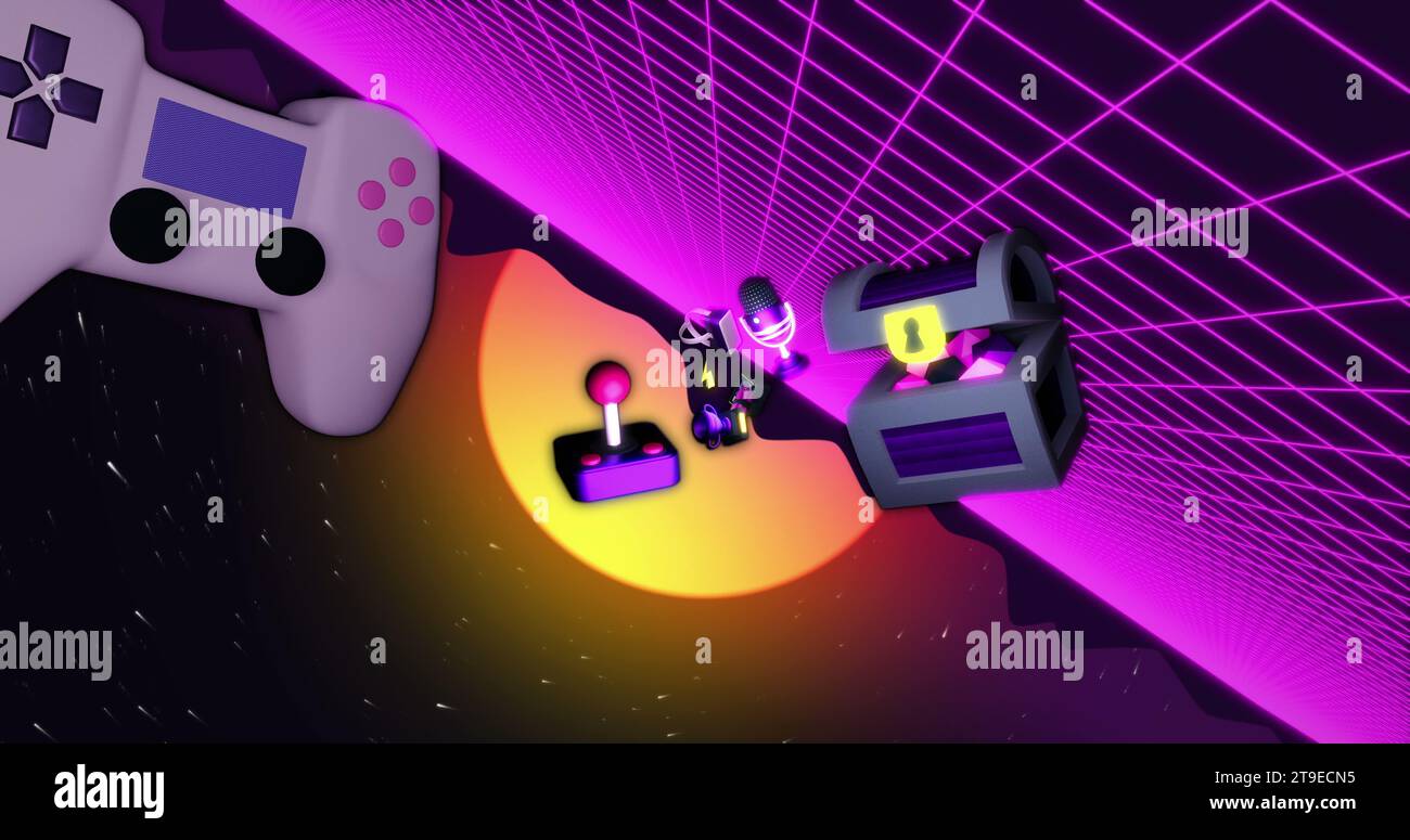 Image of gaming features and equipment with sunset and grid on black ...