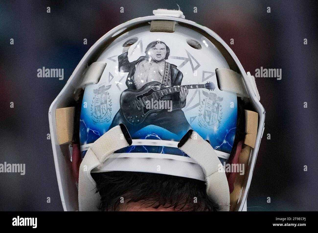 Vancouver Canucks goaltender Thatcher Demko wears a mask with a drawing ...