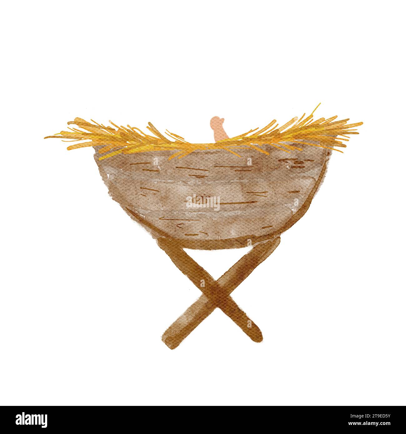 Hand painted watercolor manger with reaching baby arm isolated on white ...