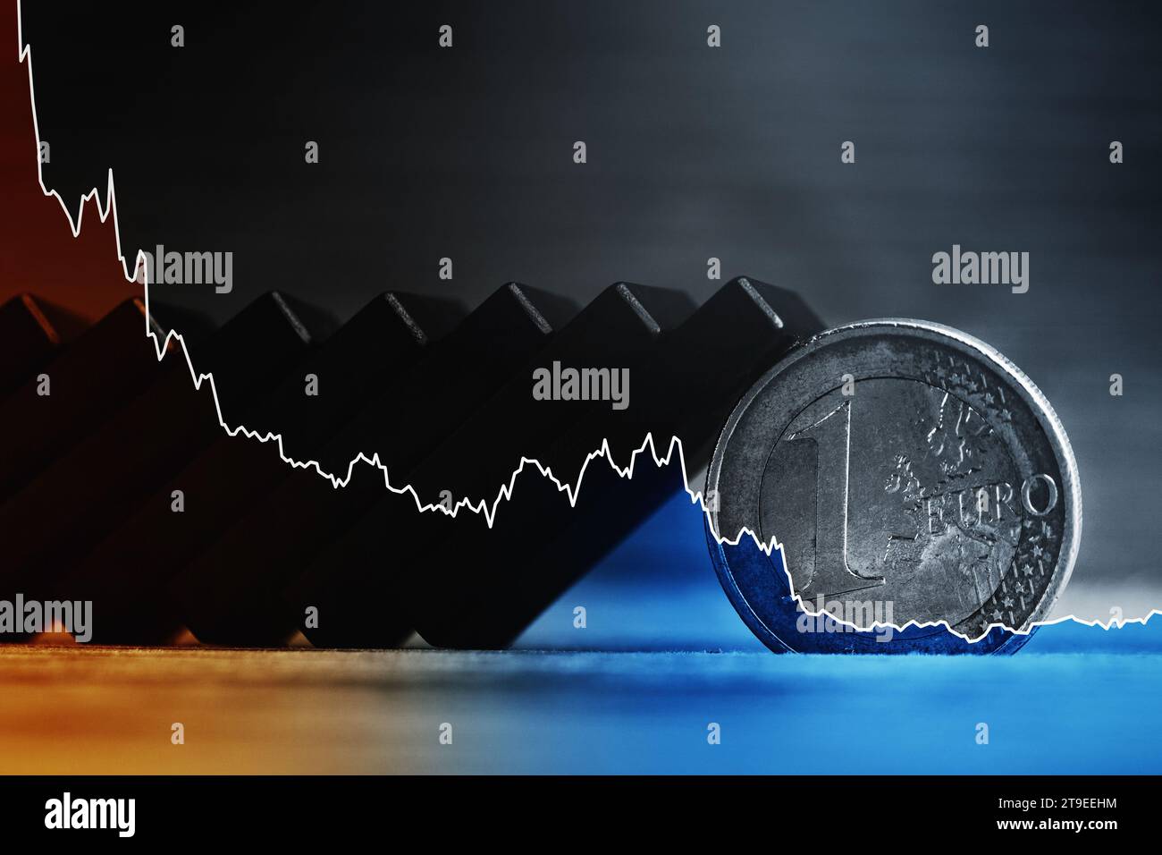 Falling sparkline diagram fallen dominoes and euro coin. Concept of ...