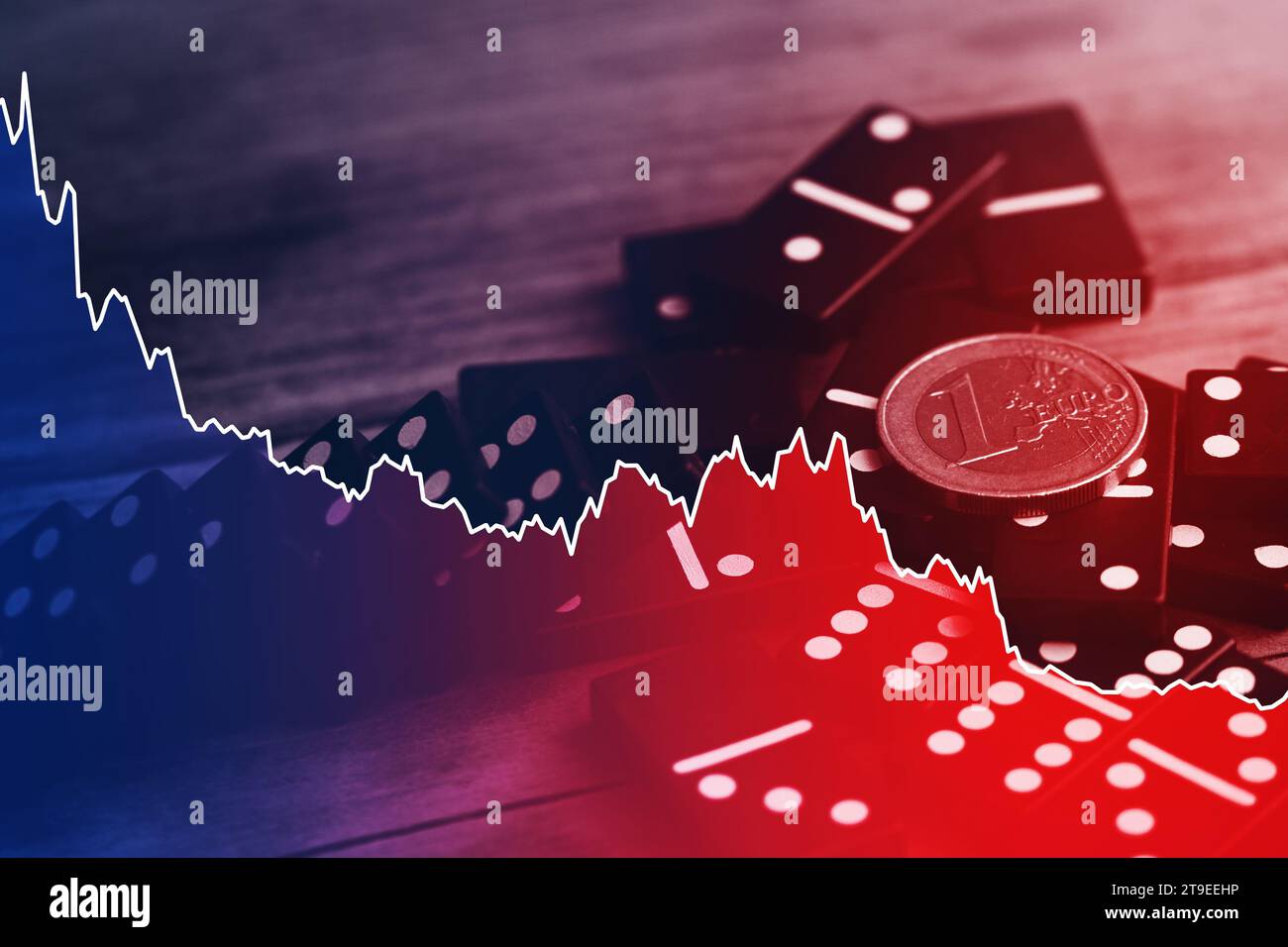Falling sparkline diagram fallen dominoes and euro coin. Concept of ...