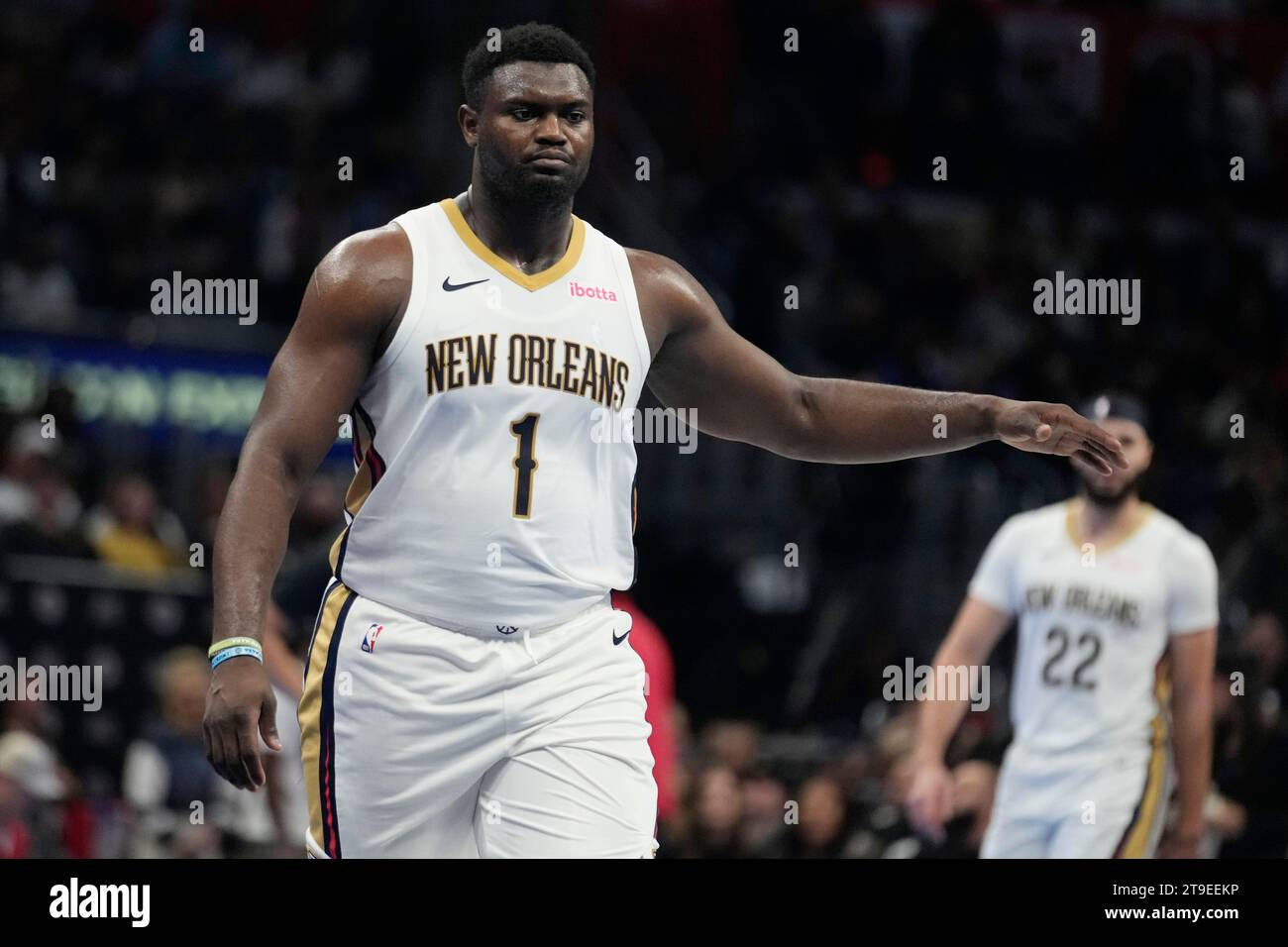 New Orleans Pelicans forward Zion Williamson walks on the court during ...