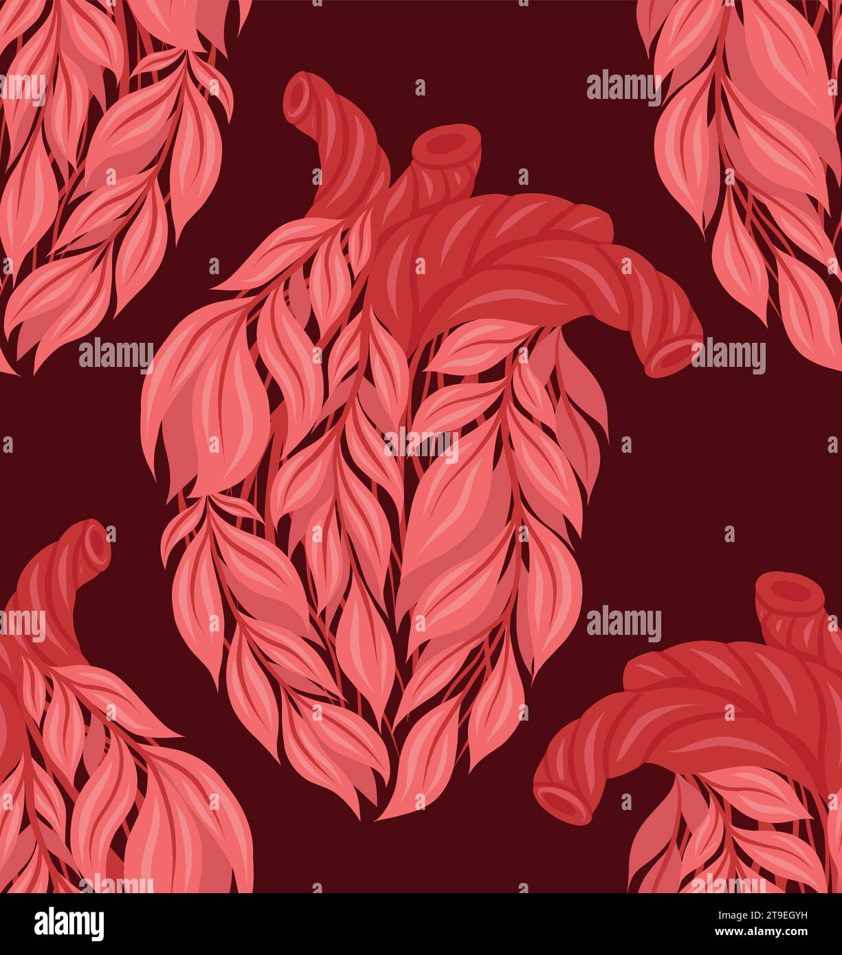 Vector seamless pattern with pink human hearts made of leaves on dark ...