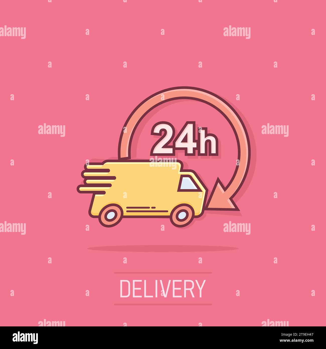 Vector cartoon delivery truck 24h icon in comic style. 24 hours fast ...