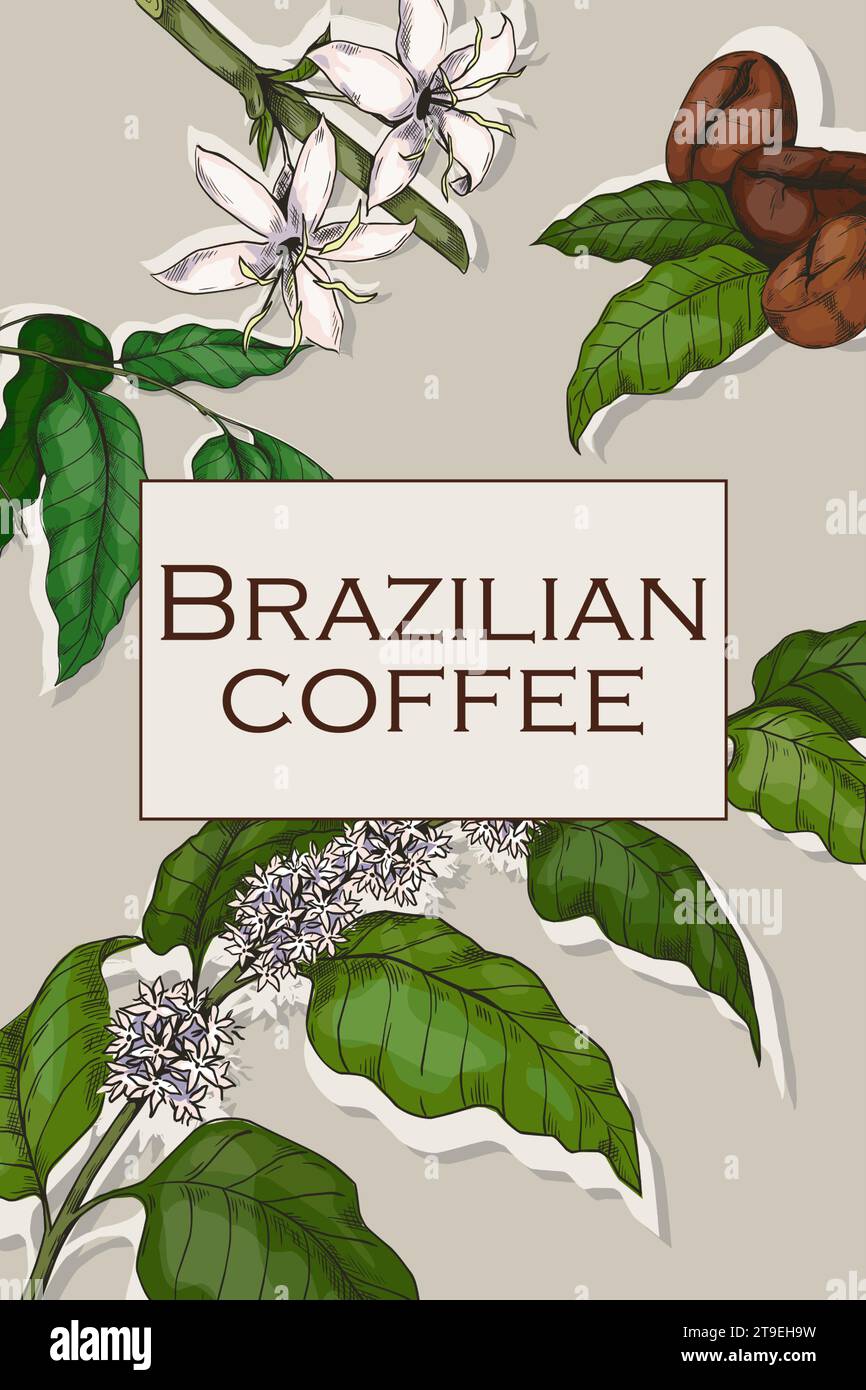 Coffee poster. Branches with leaves and beans and flowers. Colorful ...