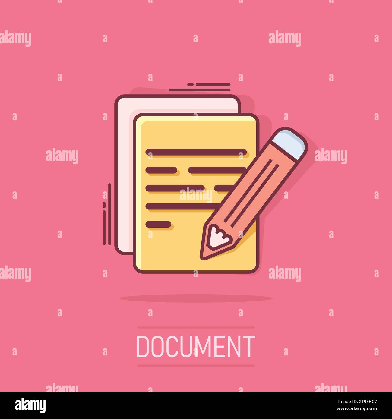 Vector cartoon document with pencil icon in comic style. Note with pen ...