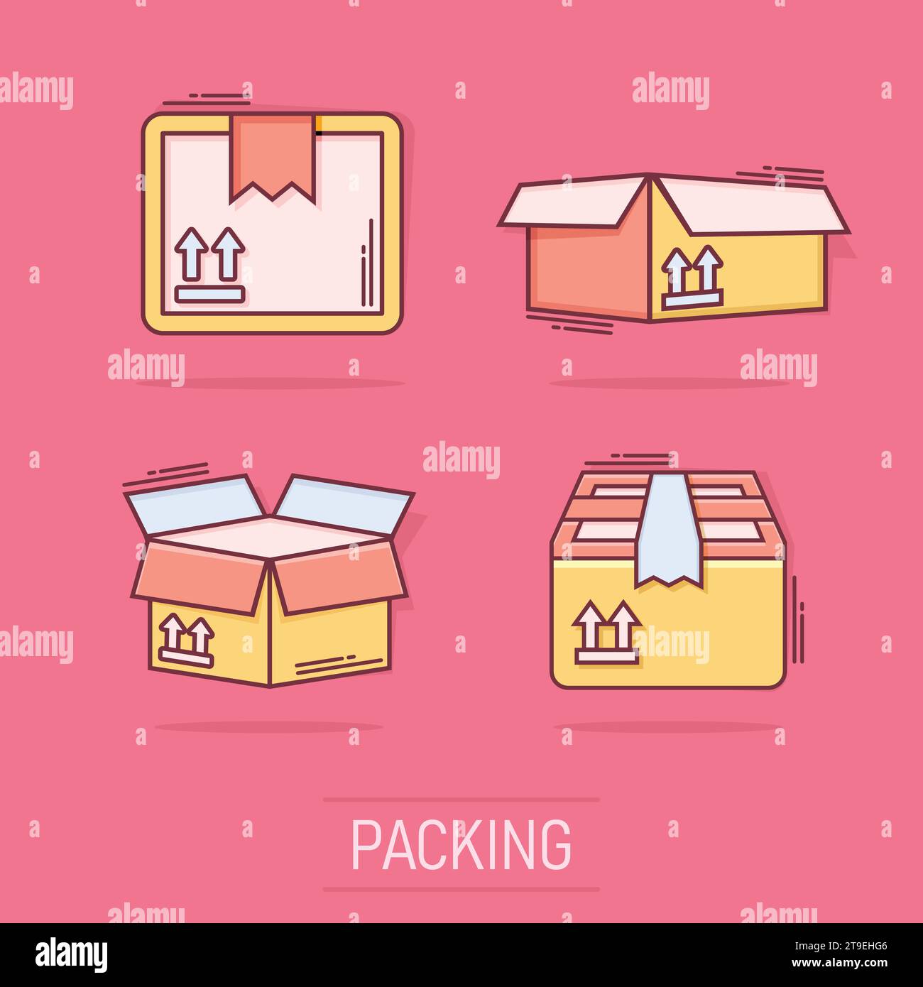 Vector cartoon set of packaging box icon in comic style. Shipping pack ...