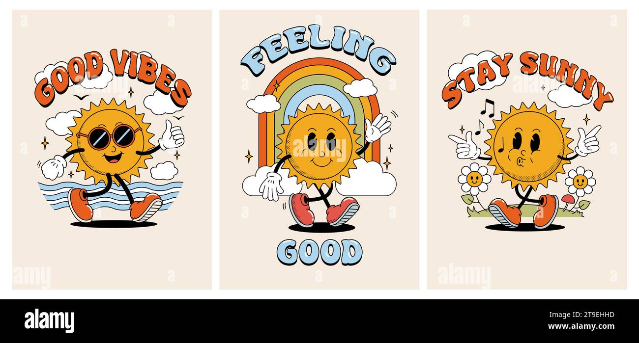 Retro groovy sun. Vintage smile, good vibes and stay sunny ...